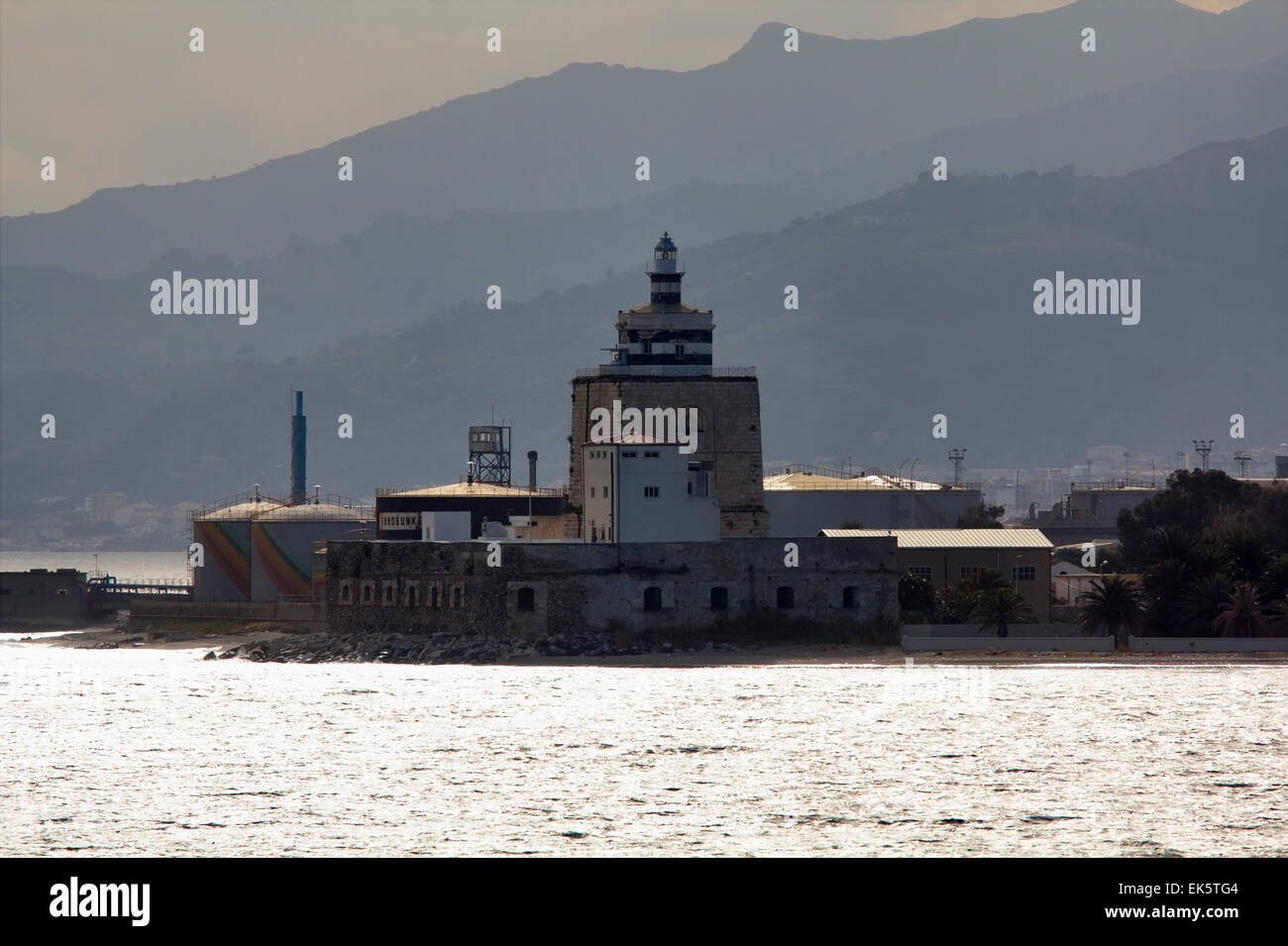 Italy, Sicily, Messina, lighthouse at the antrance of the port Stock ...