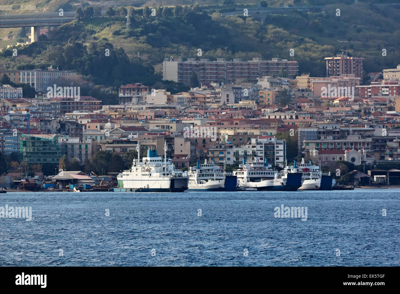 Italy, Sicily, view of Messina town and some ferryboats that connect ...