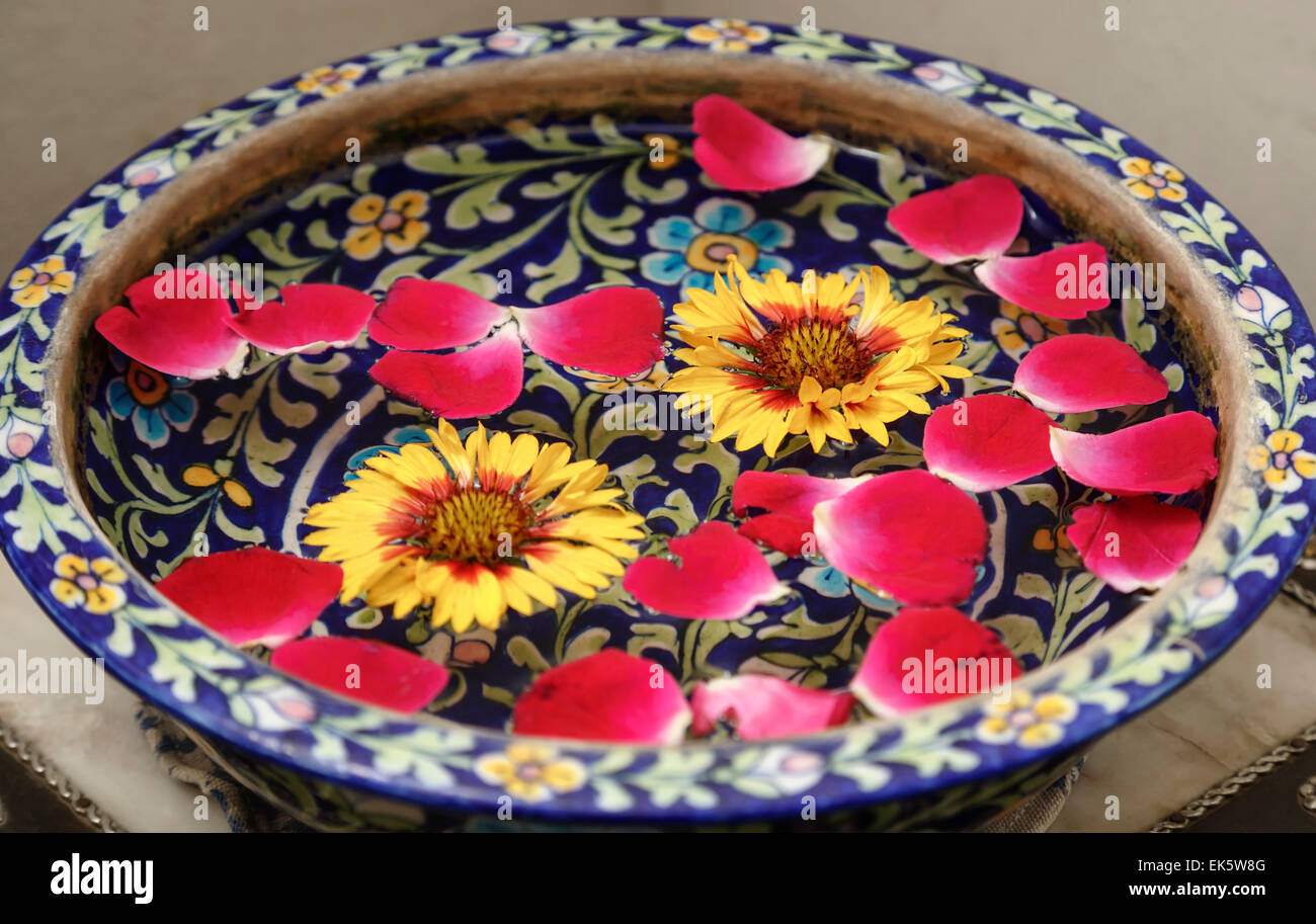India, Rajasthan, Jaipur, flowers and rose petals in a bowl full of ...