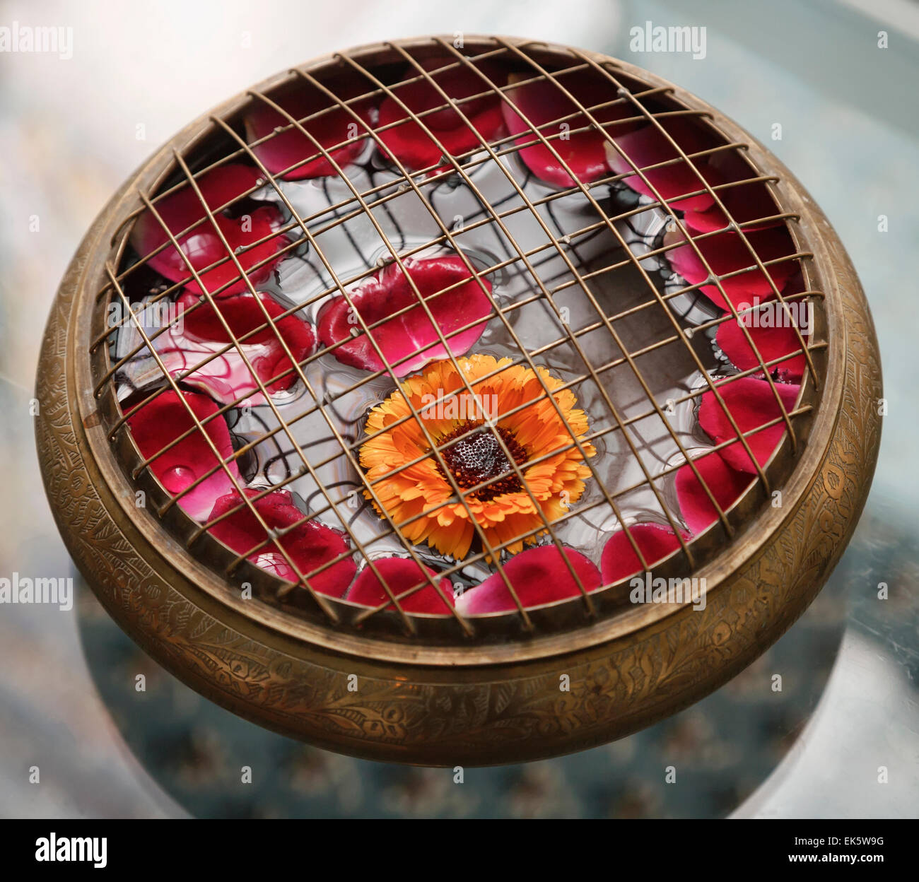 India, Rajasthan, Jaipur, rose petals in a bowl full of water Stock ...