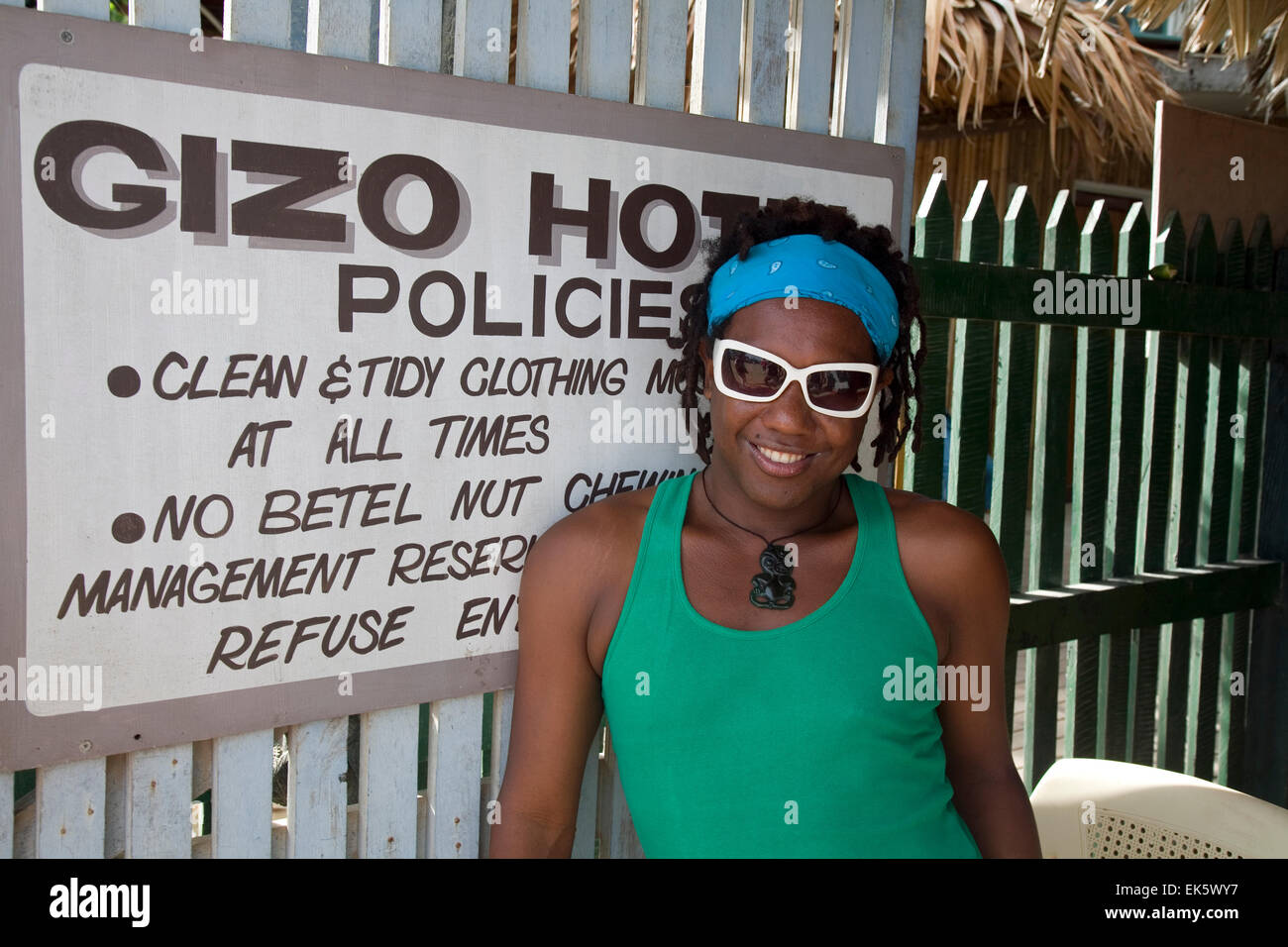 The colorful waterfront Gizo Hotel in the town of Gizo is Ghizo Island ...