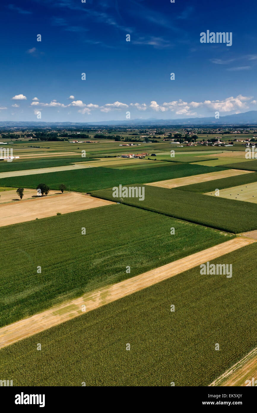 Italy, Piemonte, countryside, aerial view of farmhouses and cultivated ...