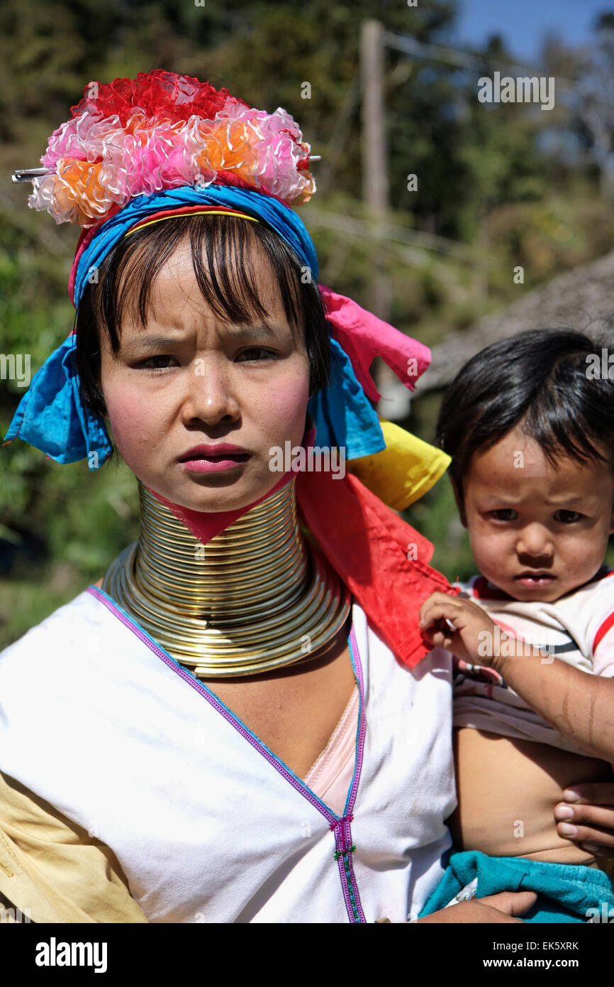 Thailand, Chang Mai, Karen Long Neck hill tribe village (Kayan Lahwi), Long Neck child and her ...