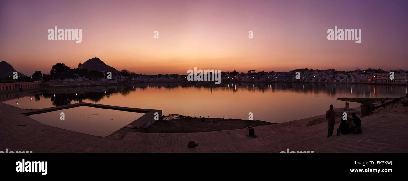 India, Rajasthan, Pushkar, panoramic view of Pushkar Lake at sunset ...