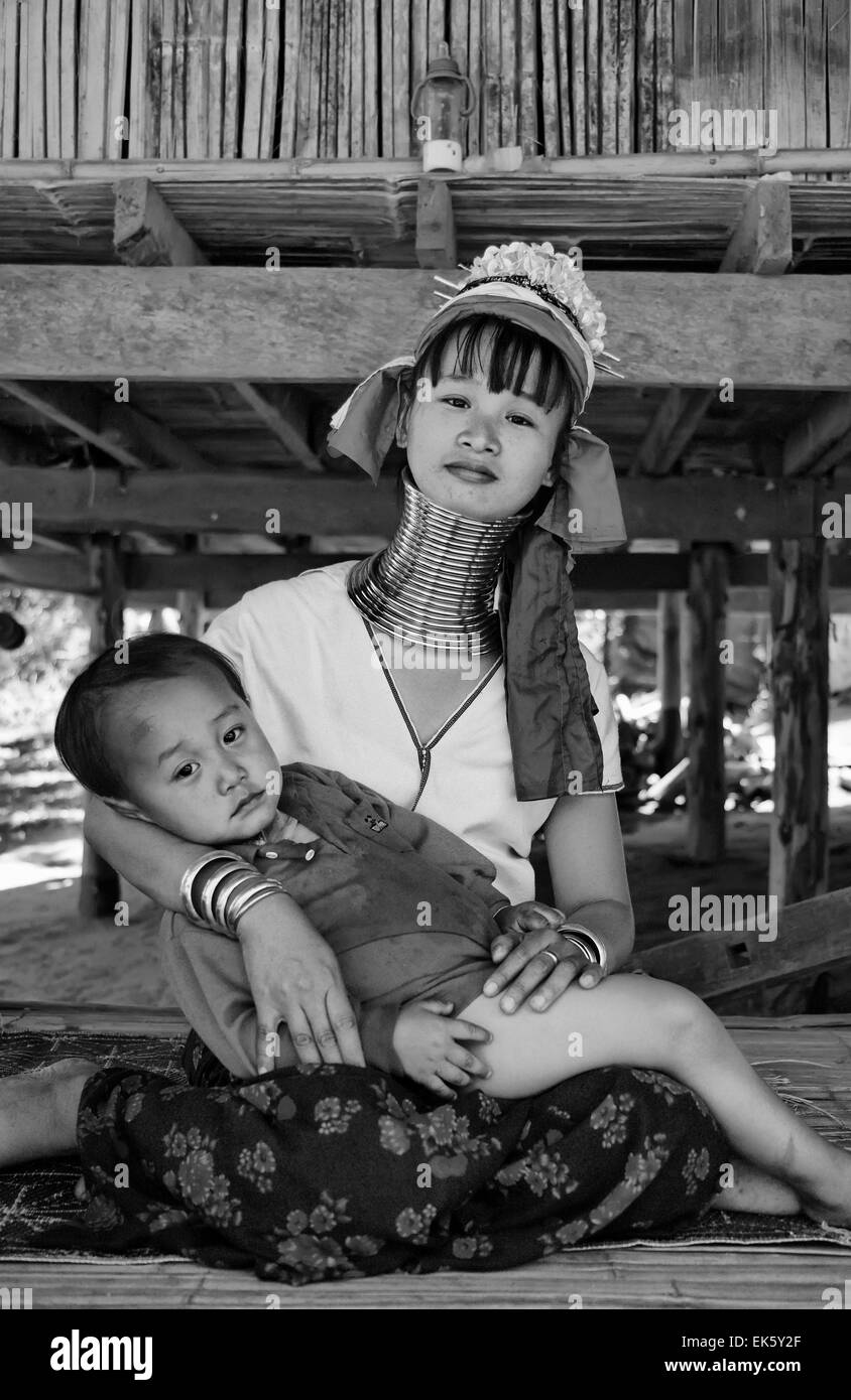 Thailand, Chang Mai, Karen Long Neck hill tribe village (Kayan Lahwi), Long Neck child and his ...