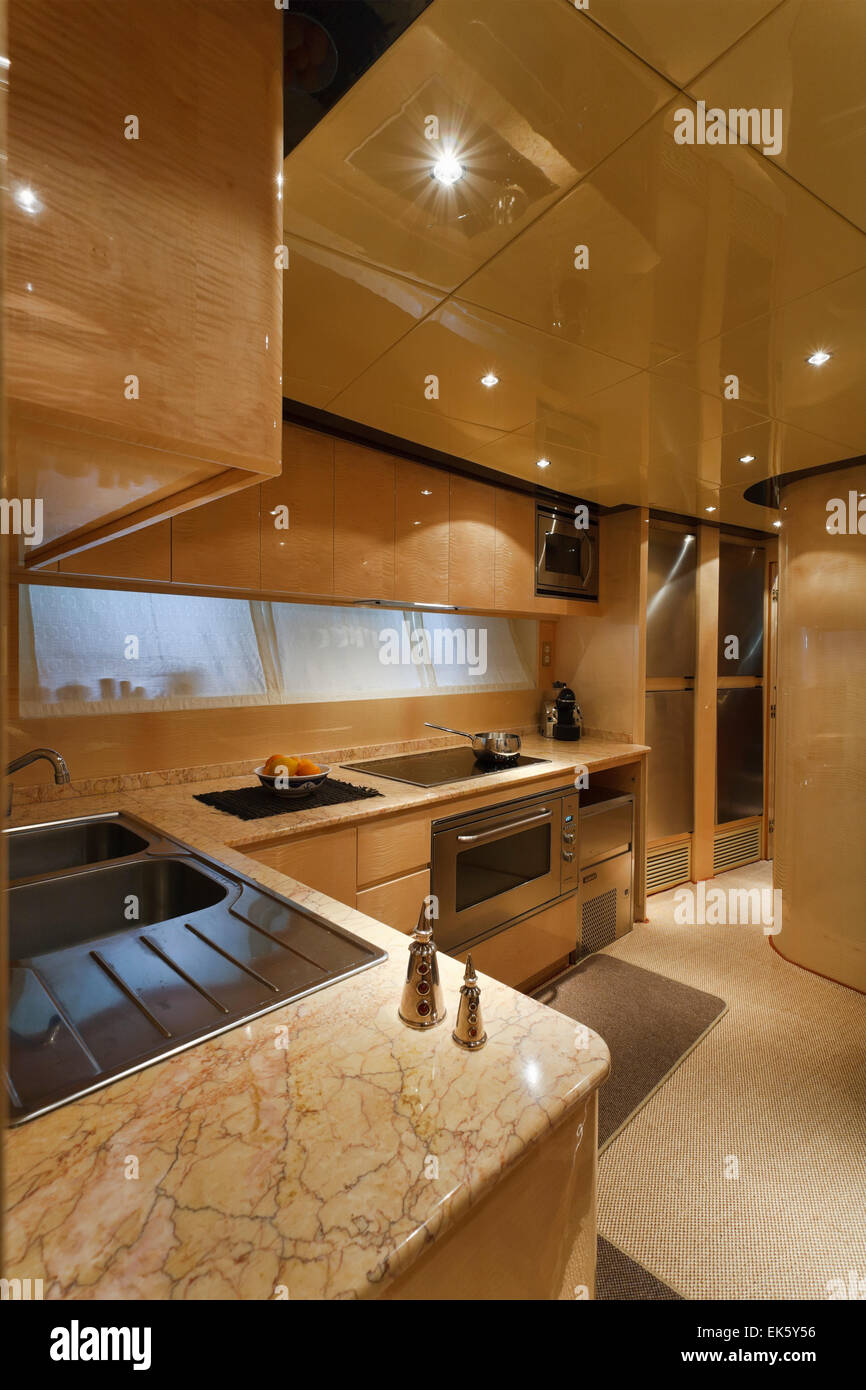 Italy, Tuscany, Viareggio, Tecnomar 35 Open luxury yacht, kitchen Stock ...