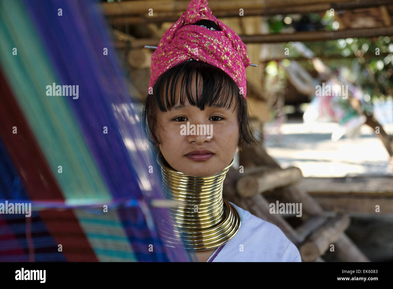 Thailand, Chang Mai, Karen Long Neck hill tribe village (Kayan Lahwi), Long Neck woman in ...