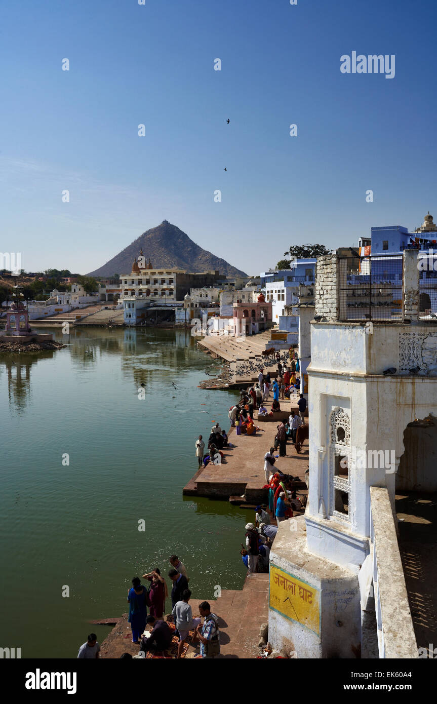 India, Rajasthan, Pushkar, indian pilgrims take a bath in the sacred ...