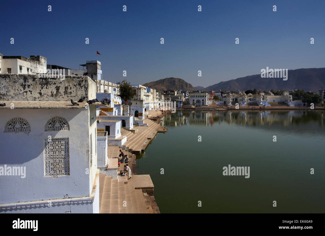 India, Rajasthan, Pushkar, view of the town and the sacred lake Stock ...