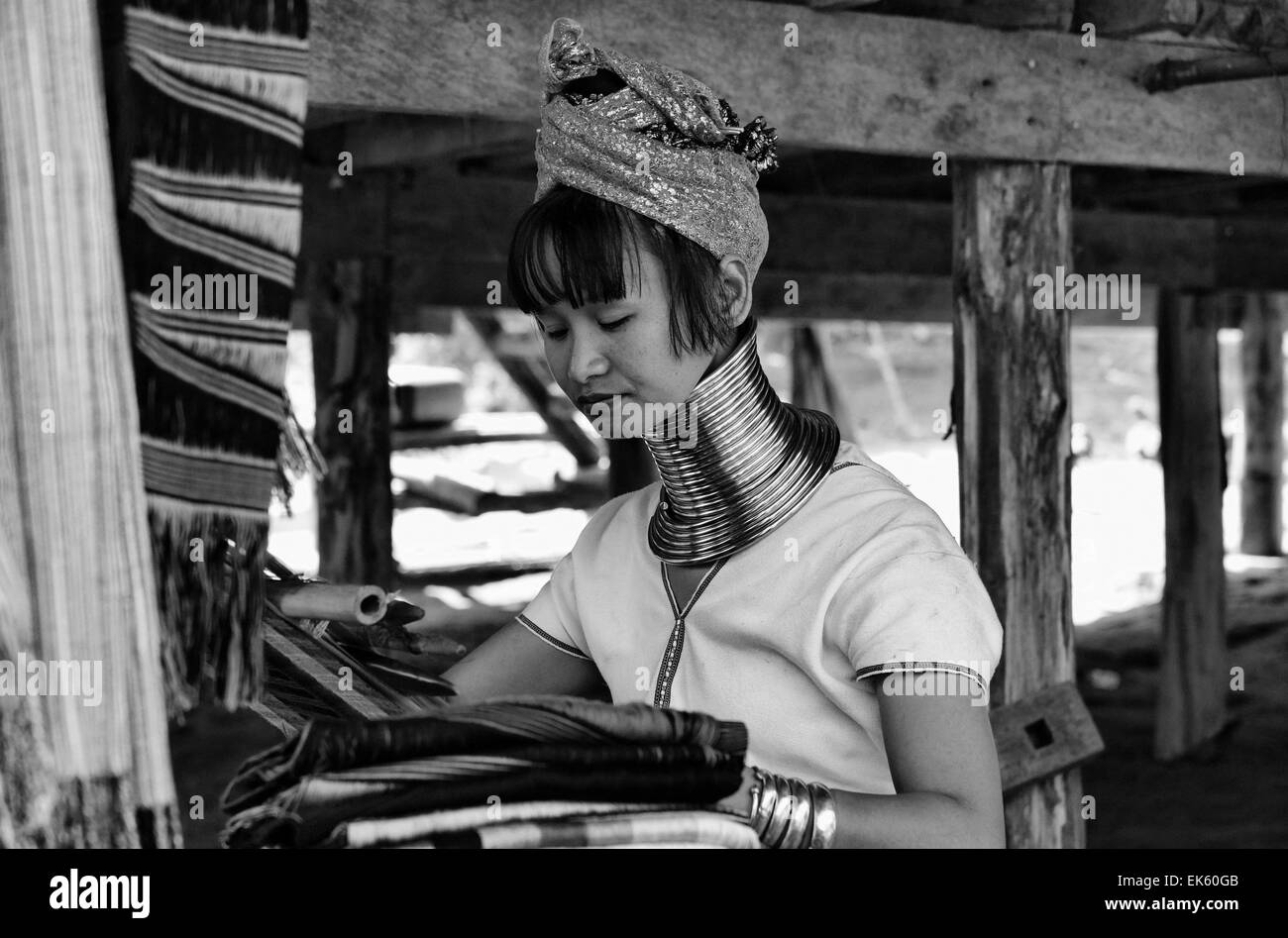 Thailand, Chiang Mai, Karen Long Neck hill tribe village (Kayan Lahwi), Long Neck woman in ...