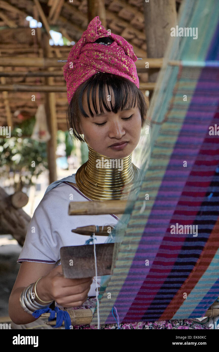 Thailand, Chang Mai, Karen Long Neck hill tribe village (Kayan Lahwi), Long Neck woman in ...