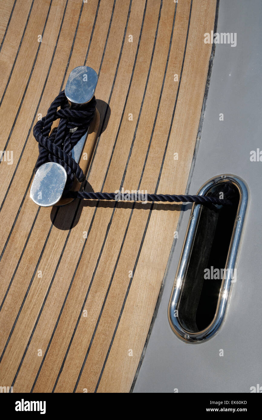 Italy, Viareggio, luxury yacht, rope on bow steel bollards Stock Photo ...