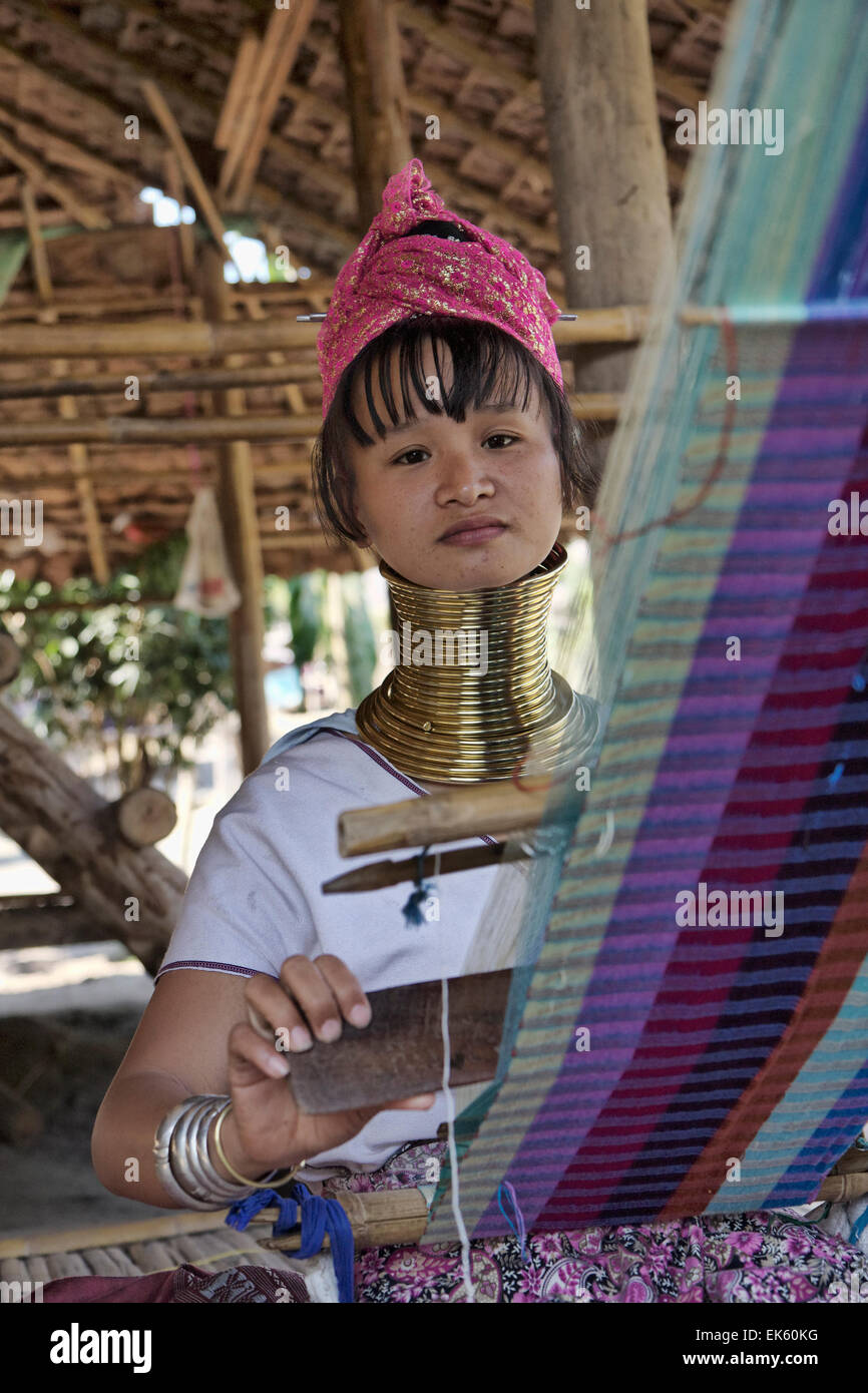 Thailand, Chang Mai, Karen Long Neck hill tribe village (Kayan Lahwi), Long Neck woman in ...