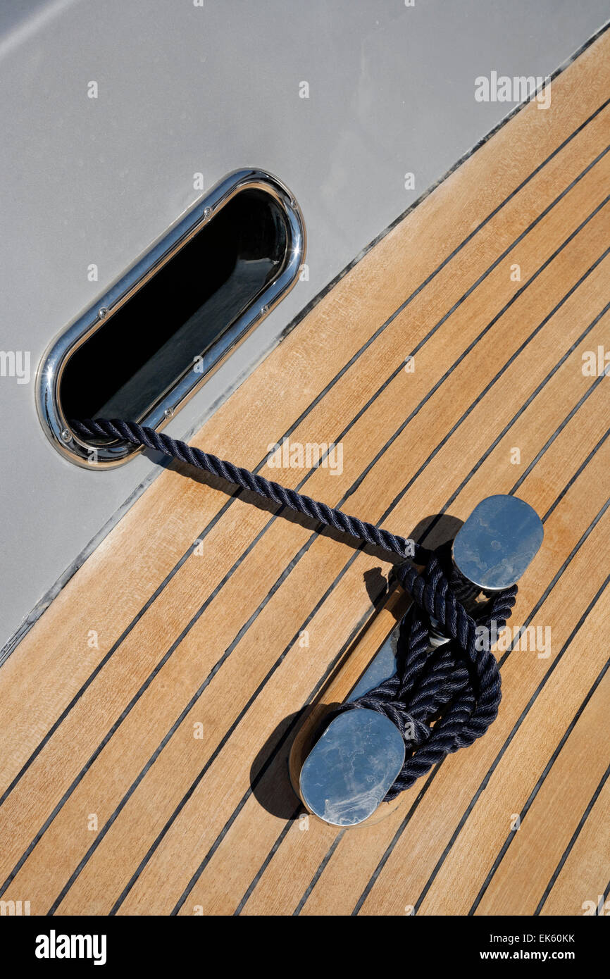 Italy, Viareggio, luxury yacht, rope on bow steel bollards Stock Photo ...