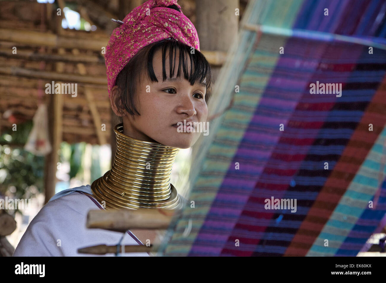 Thailand, Chang Mai, Karen Long Neck hill tribe village (Kayan Lahwi), Long Neck woman in ...