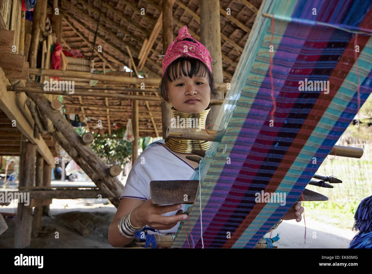 Thailand, Chang Mai, Karen Long Neck hill tribe village (Kayan Lahwi), Long Neck woman in ...
