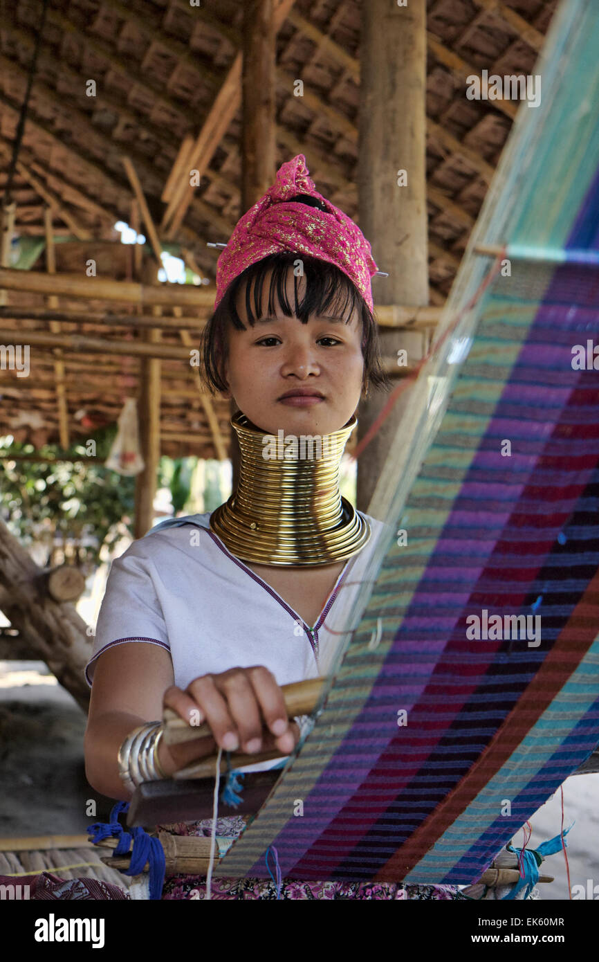 Thailand, Chang Mai, Karen Long Neck hill tribe village (Kayan Lahwi), Long Neck woman in ...