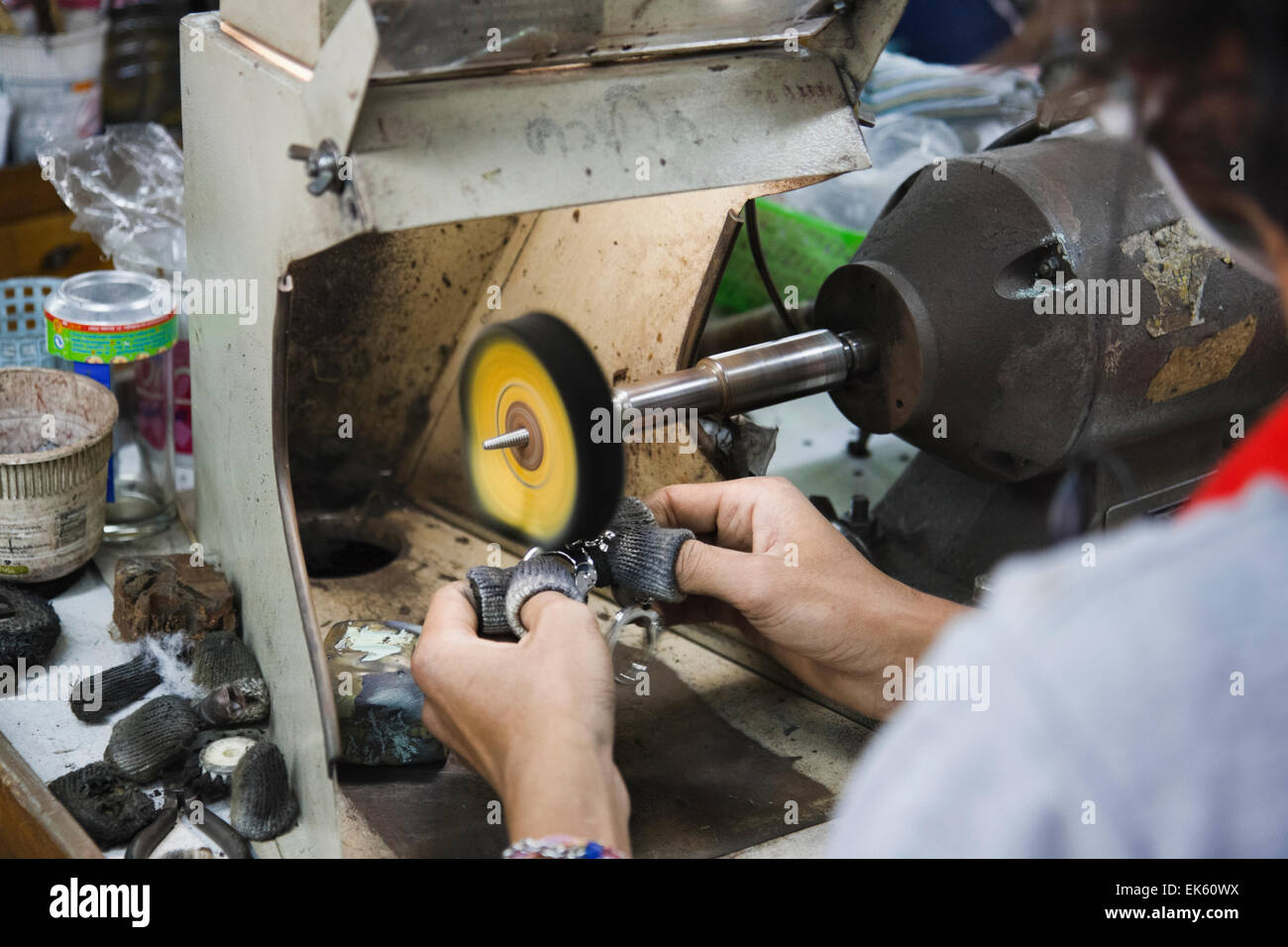 Thailand, Chiang Mai, silver jewel polishing in a silver factory Stock ...