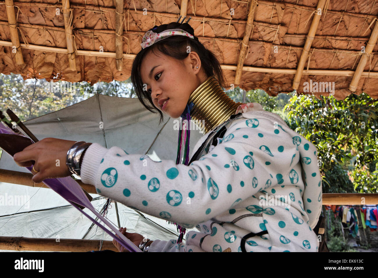 Thailand, Chang Mai, Karen Long Neck hill tribe village (Kayan Lahwi), Long Neck woman in ...