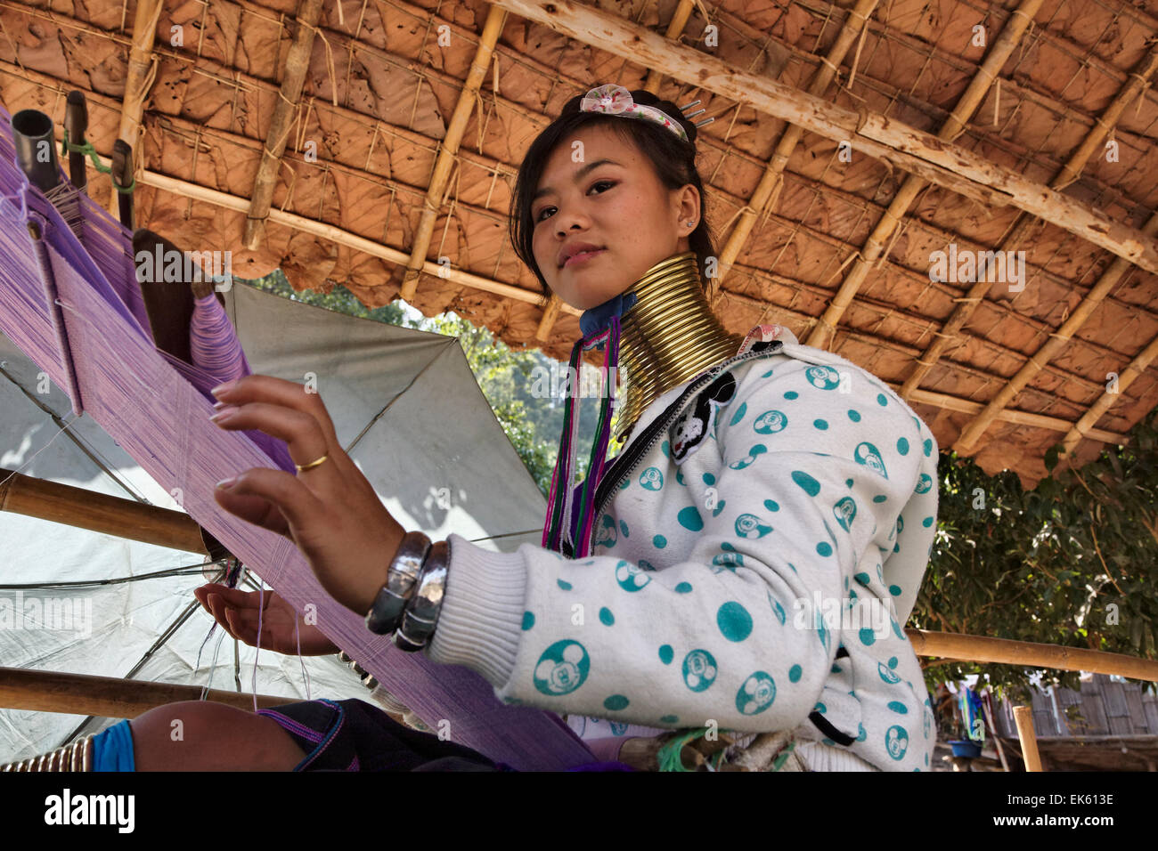 Thailand, Chang Mai, Karen Long Neck hill tribe village (Kayan Lahwi), Long Neck woman in ...