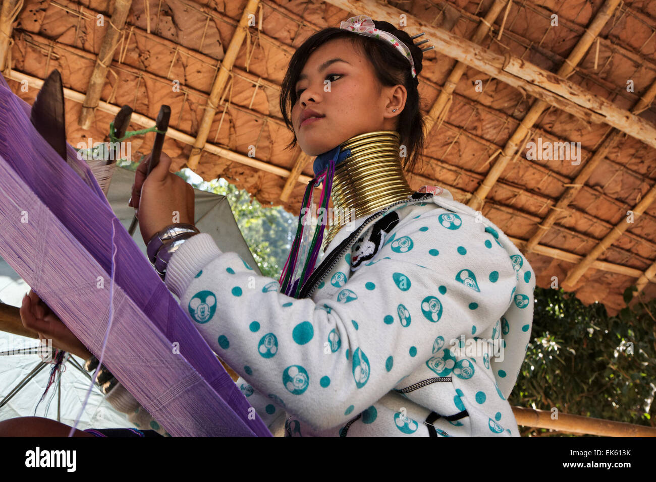 Thailand, Chang Mai, Karen Long Neck hill tribe village (Kayan Lahwi), Long Neck woman in ...