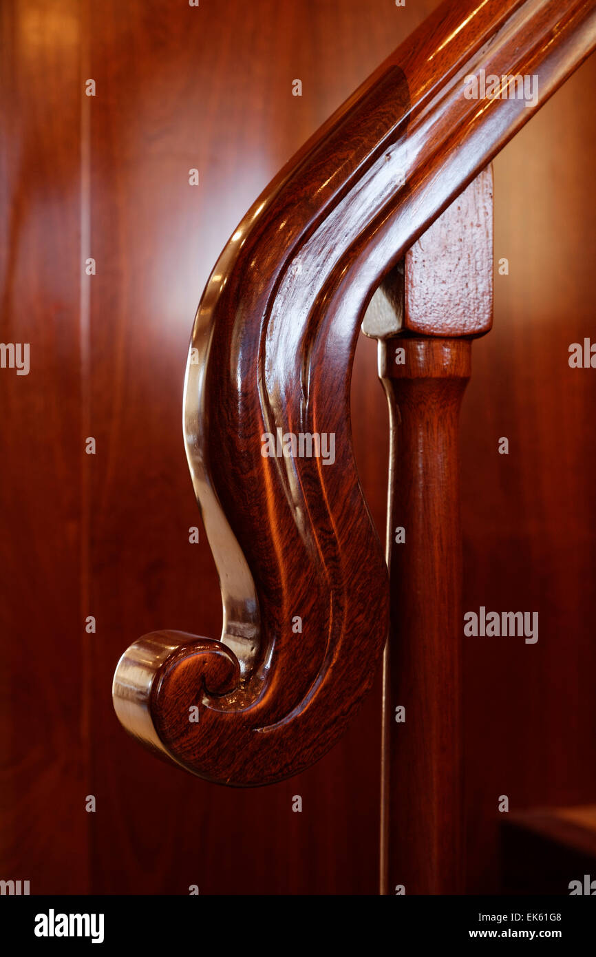 Italy, Viareggio, luxury yacht, dinette, wooden stairs handrail Stock ...