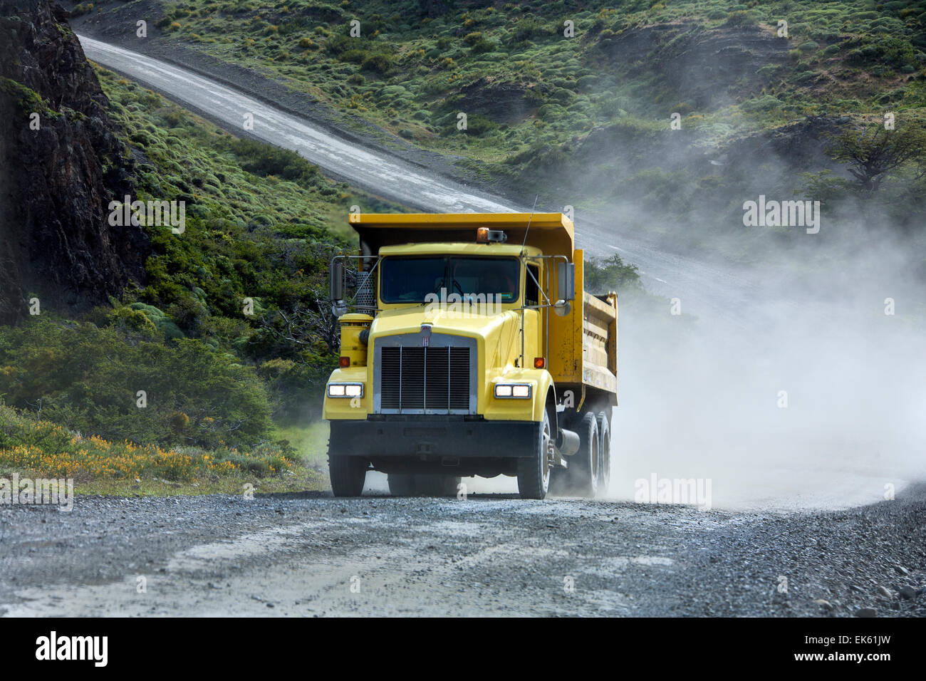 Transport - A heavy truck driving on a rough gravel road in Patagonia ...