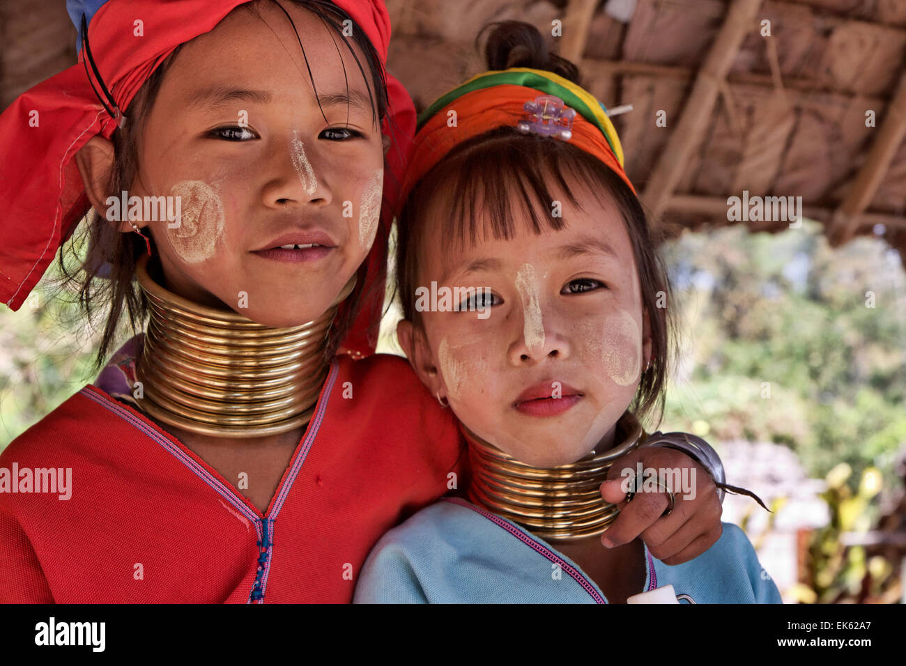 Thailand, Chiang Mai, Karen Long Neck hill tribe village (Kayan Lahwi), Long Neck young girls in ...
