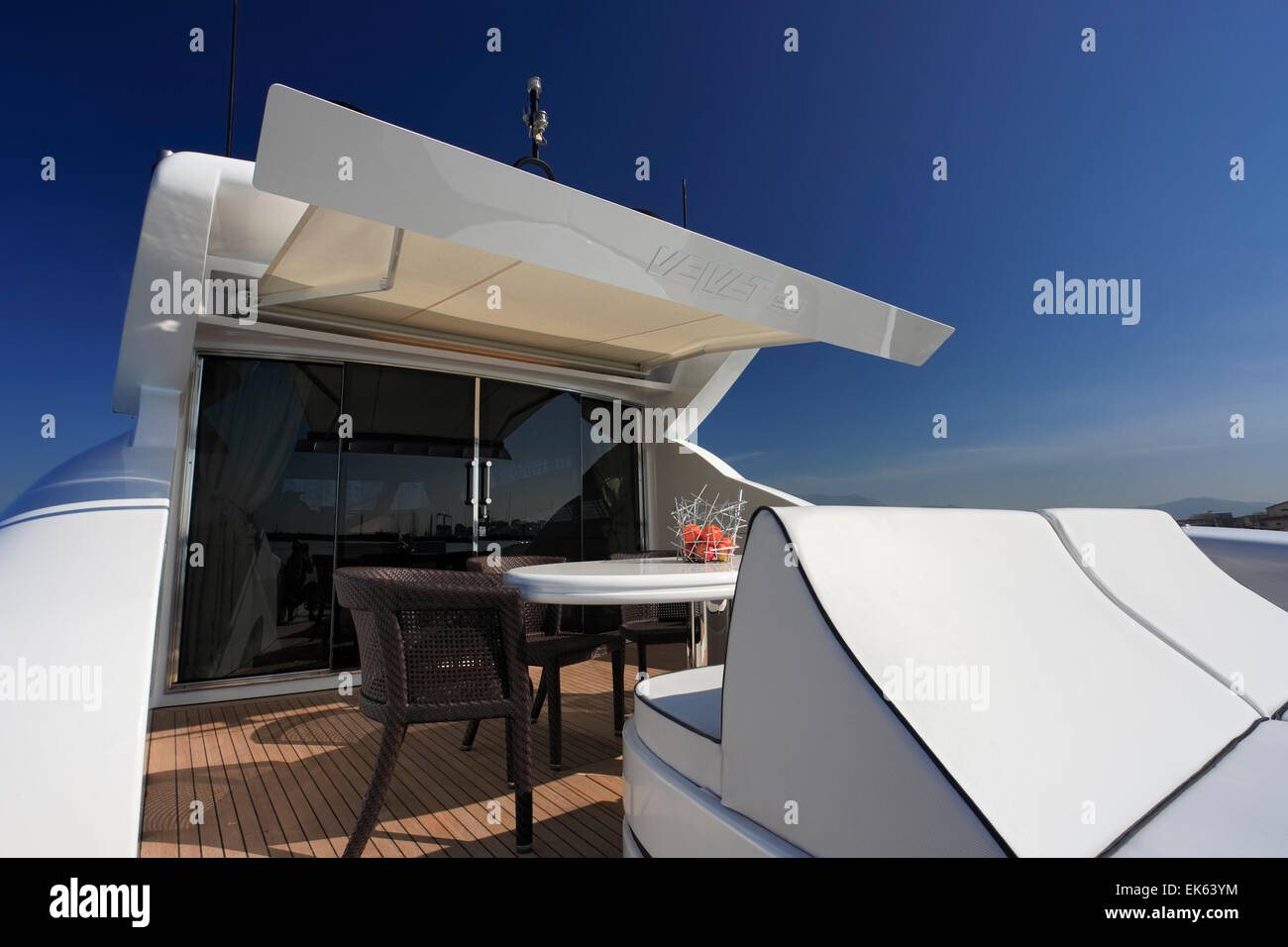 Italy, Tuscany, Viareggio, Tecnomar Velvet 90' luxury yacht, backboard ...