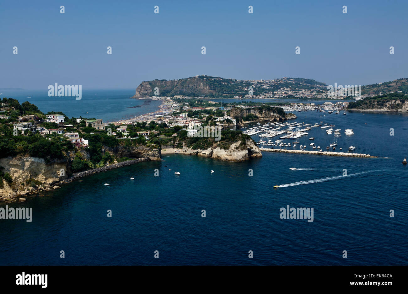 Italy, Campania, aerial view of Bacoli town and its internal lagoon ...
