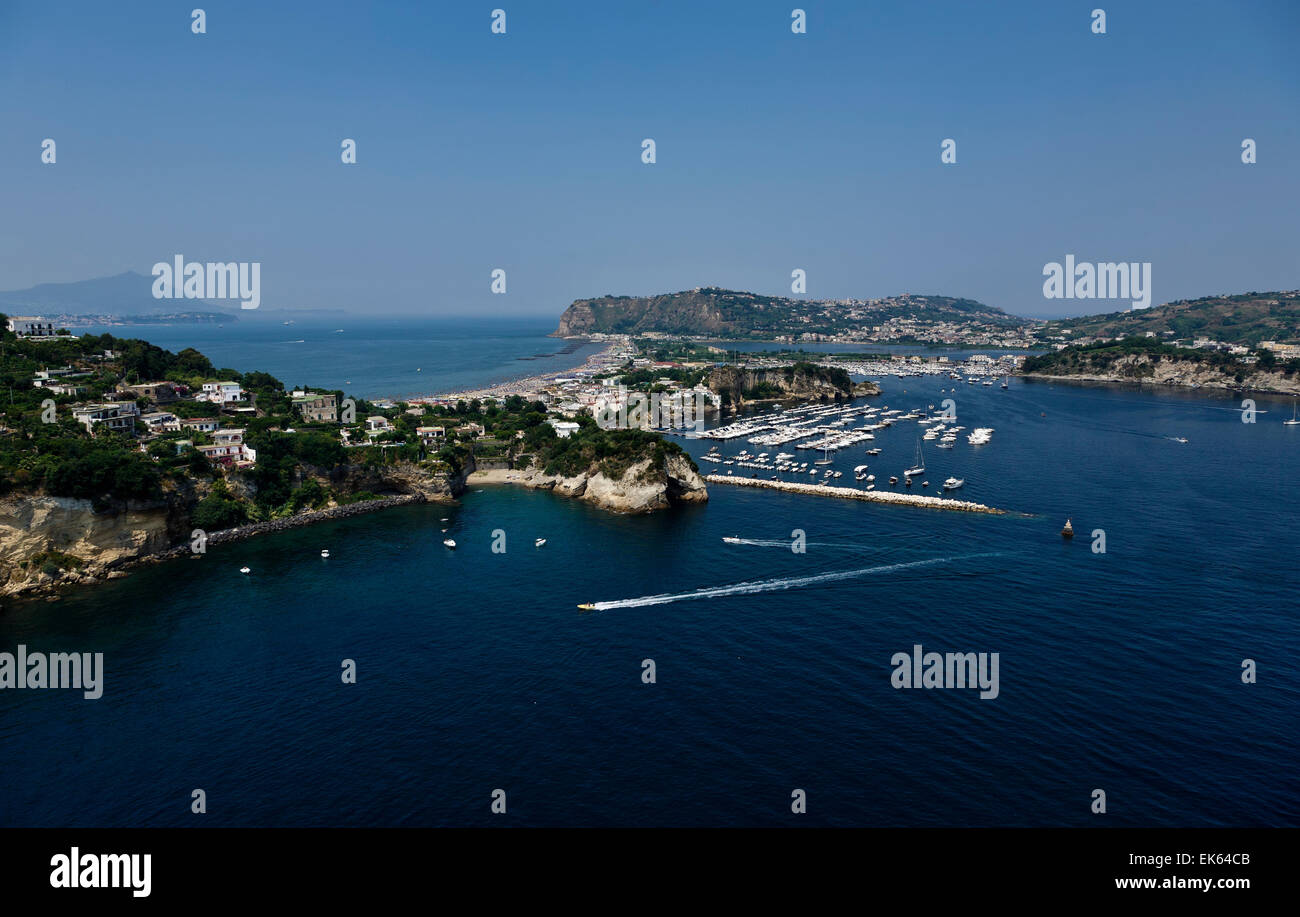 Italy, Campania, aerial view of Bacoli town and its internal lagoon ...