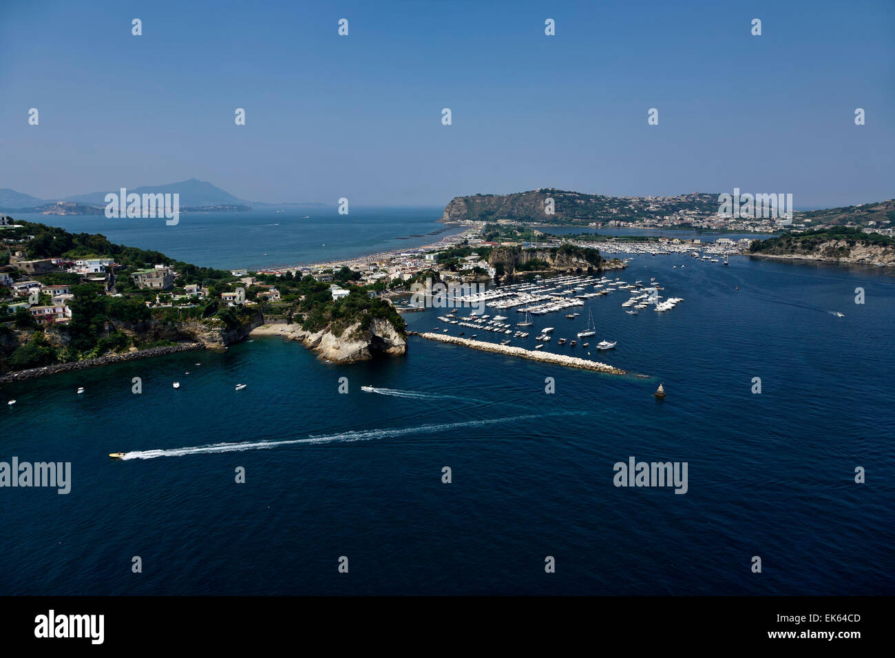 Italy, Campania, aerial view of Bacoli town and its internal lagoon ...