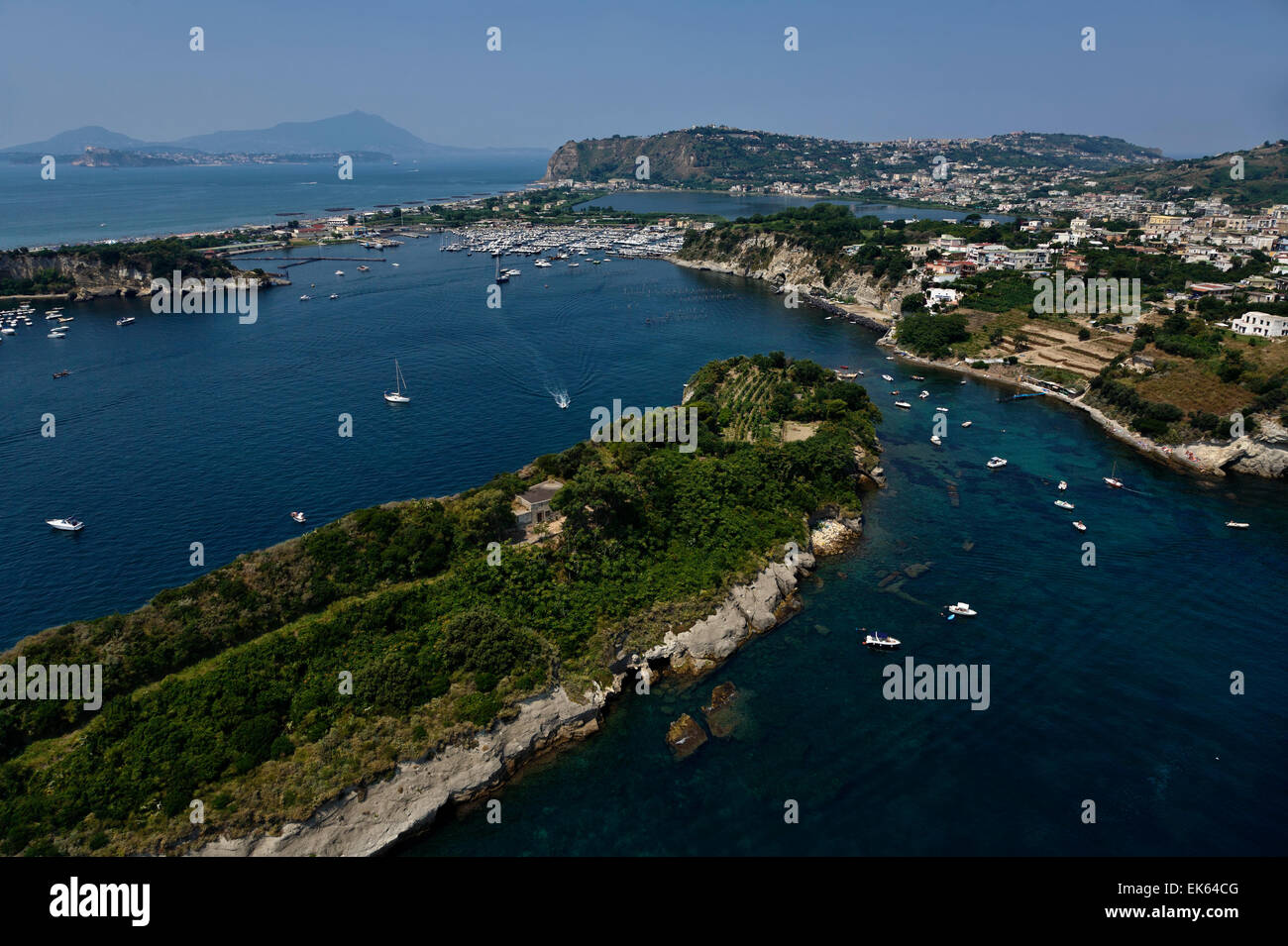 Italy, Campania, aerial view of Bacoli town and its internal lagoon ...
