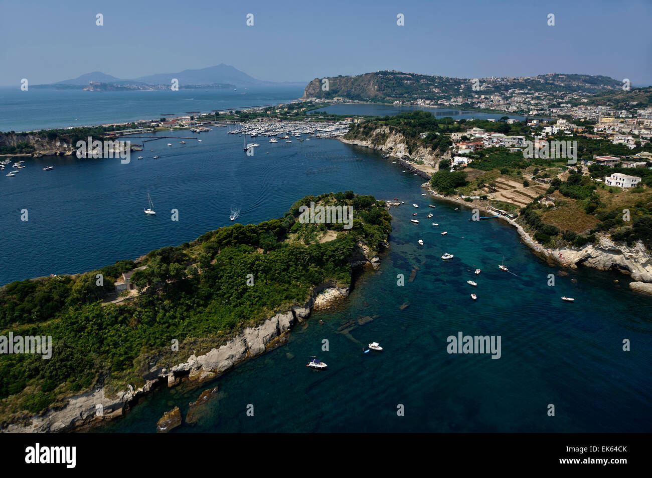 Italy, Campania, aerial view of Bacoli town and its internal lagoon ...