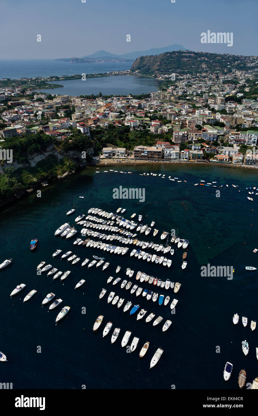 Italy, Campania, aerial view of Bacoli town and its internal lagoon ...