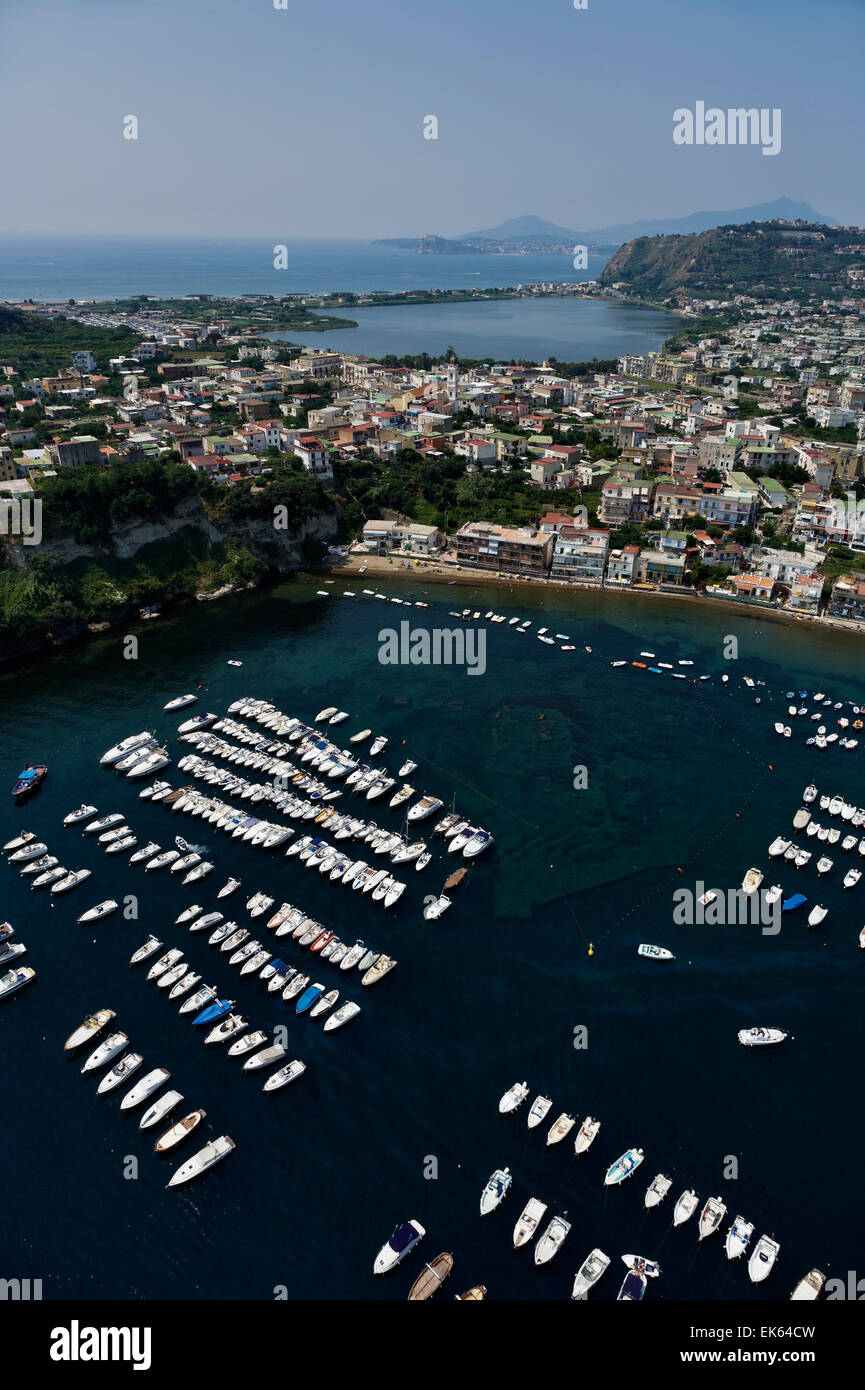 Italy, Campania, aerial view of Bacoli town and its internal lagoon ...