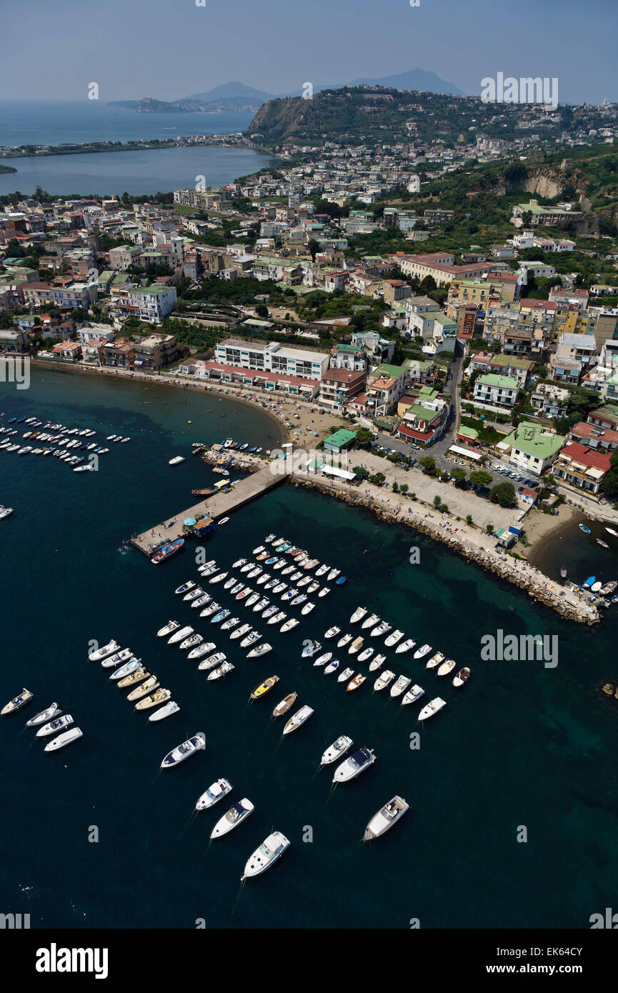 Italy, Campania, aerial view of Bacoli town and its internal lagoon ...