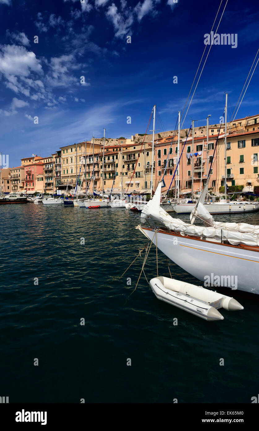 Italy, Tuscany, Elba Island, view of luxury yachts in Portoferraio port ...