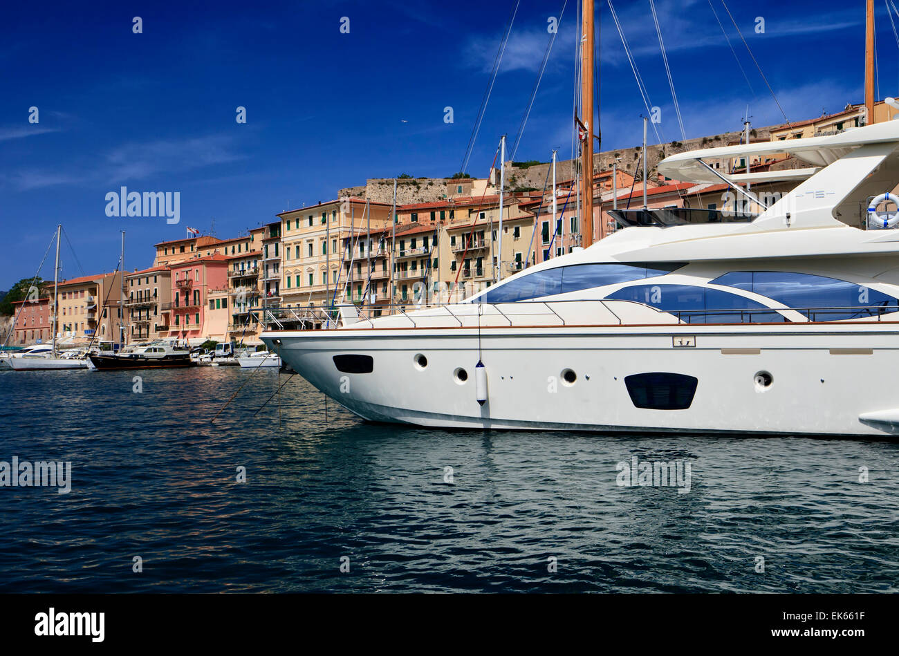 Italy, Tuscany, Elba Island, view of luxury yachts in Portoferraio port ...