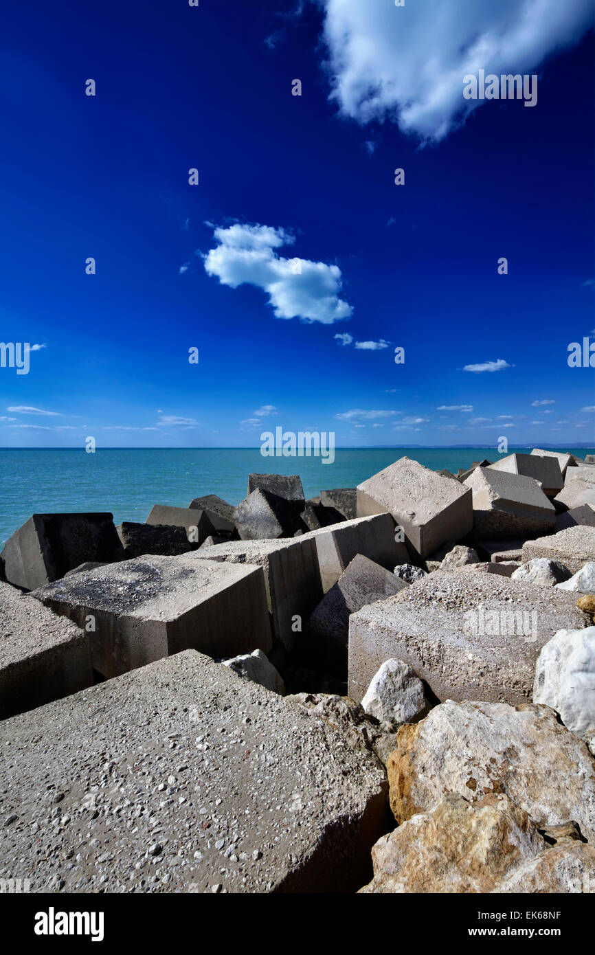 Italy, Sicily, Mediterranean Sea, concrete blocks in the port of ...