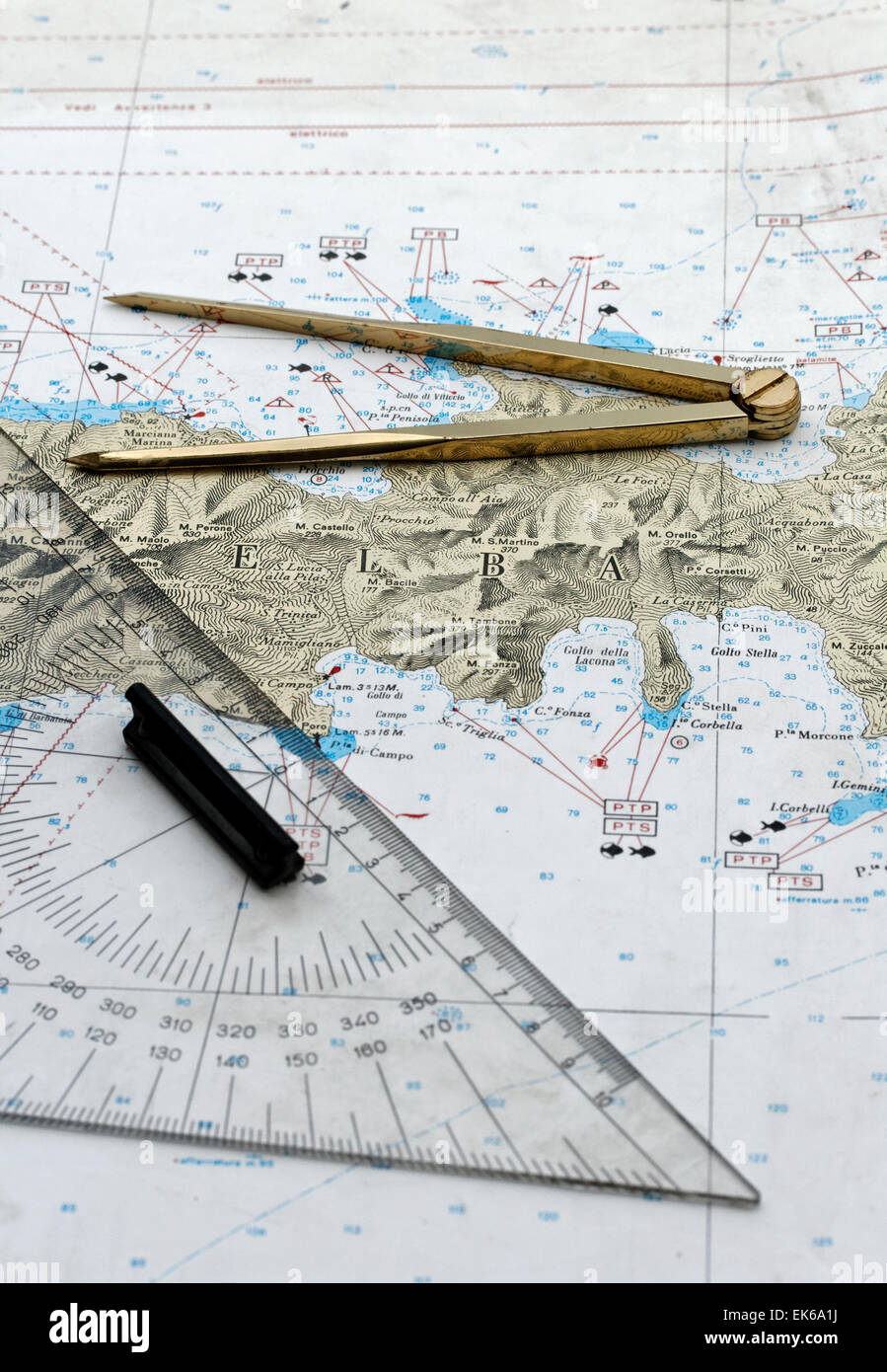 Italy, Elba Island nautical map and compass Stock Photo - Alamy