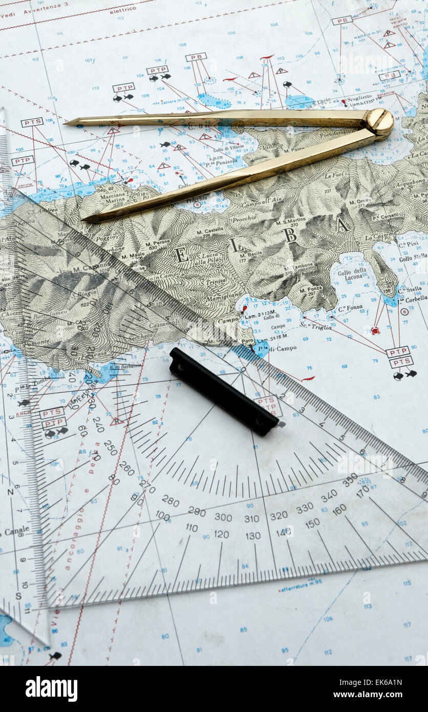 Italy, Elba Island nautical map and compass Stock Photo - Alamy