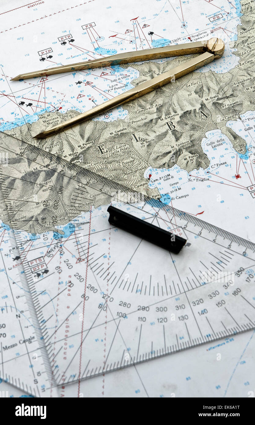 Italy, Elba Island nautical map and compass Stock Photo - Alamy