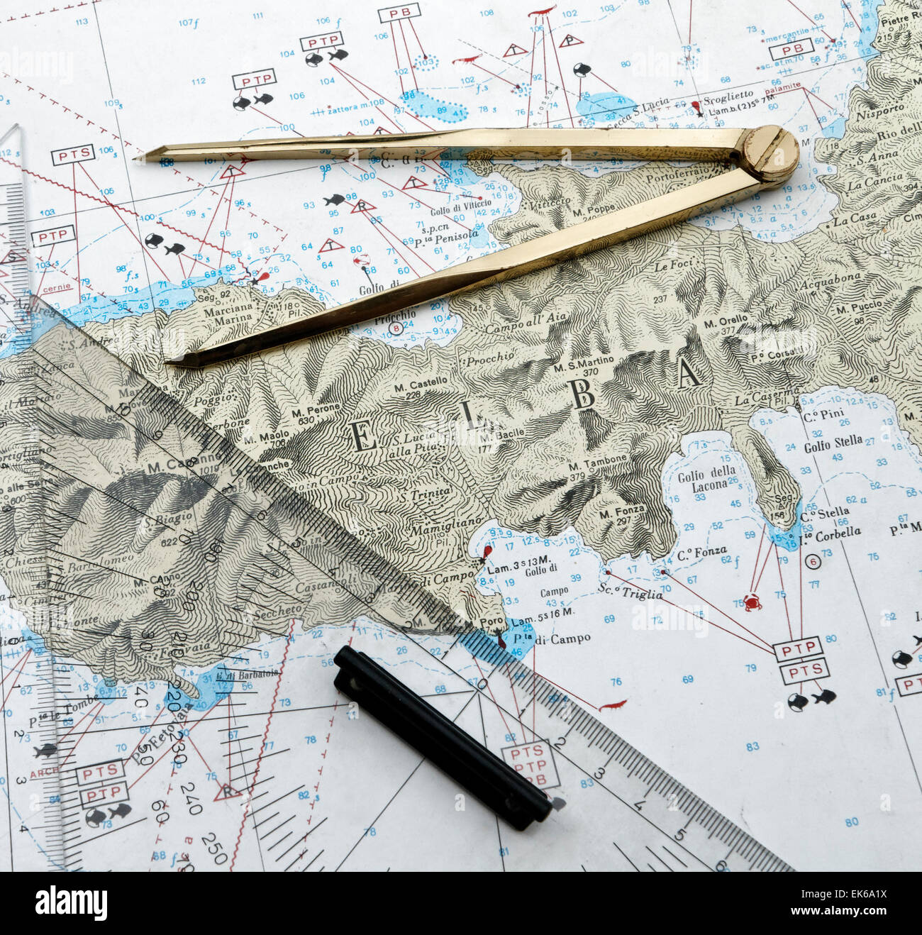 Italy, Elba Island nautical map and compass Stock Photo - Alamy