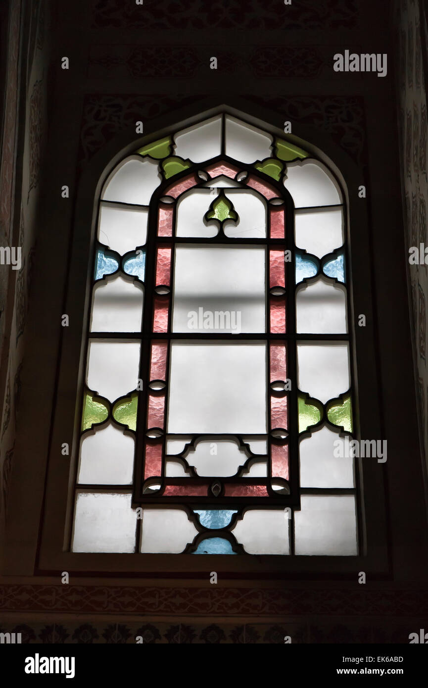Turkey, Istanbul, Topkapi Palace, a window with colored glass in one of ...