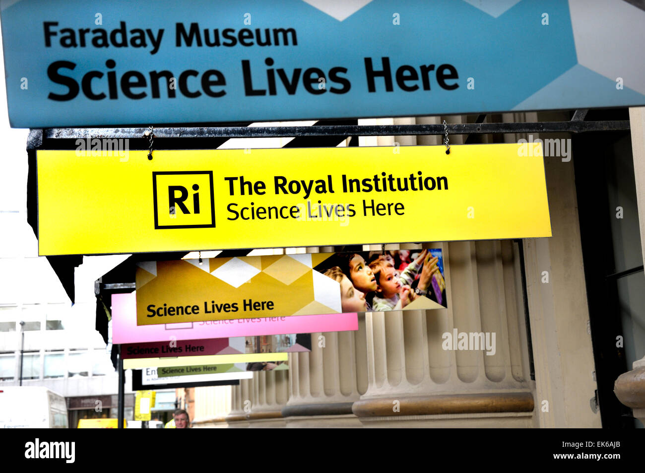 London, England, UK. Faraday Museum at the Royal Institution - signs ...