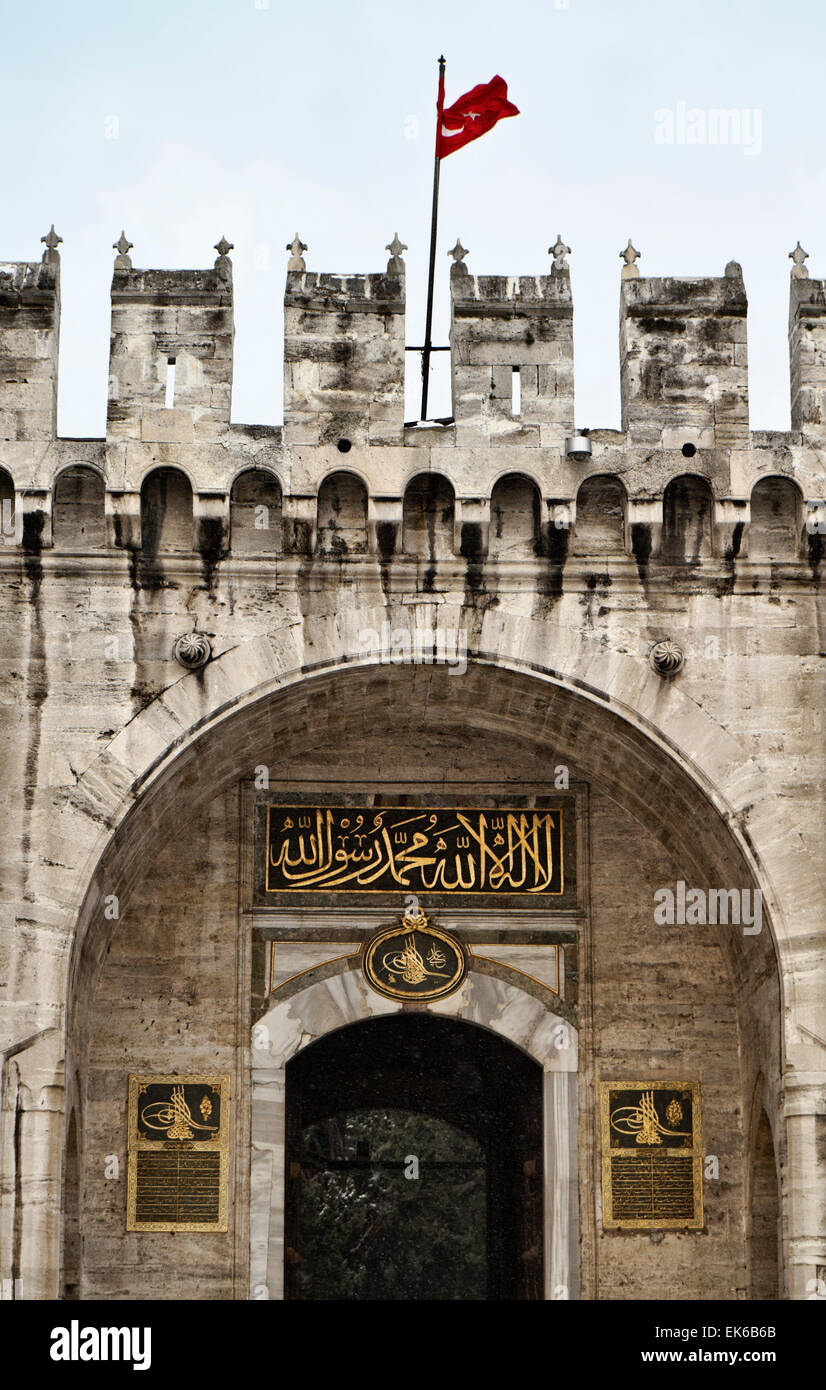 Turkey, Istanbul, Topkapi Palace, a turkish flag at the entrance of the ...