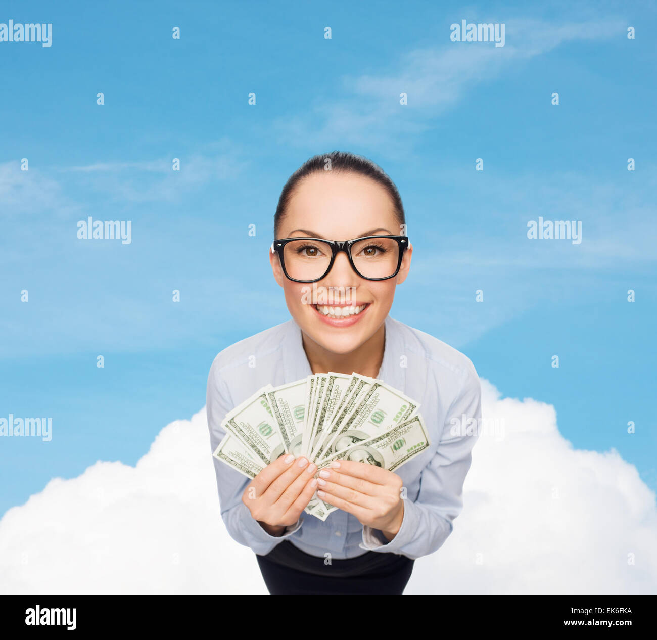smiling businesswoman with dollar cash money Stock Photo - Alamy