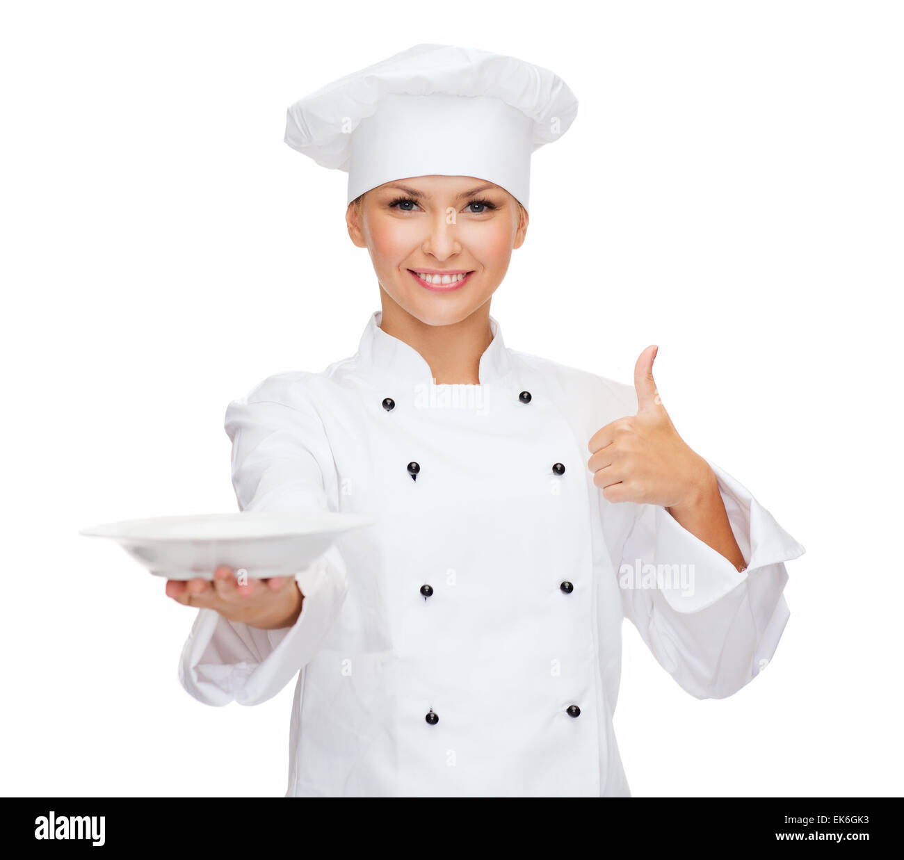 female chef with empty plate showing thumbs up Stock Photo - Alamy