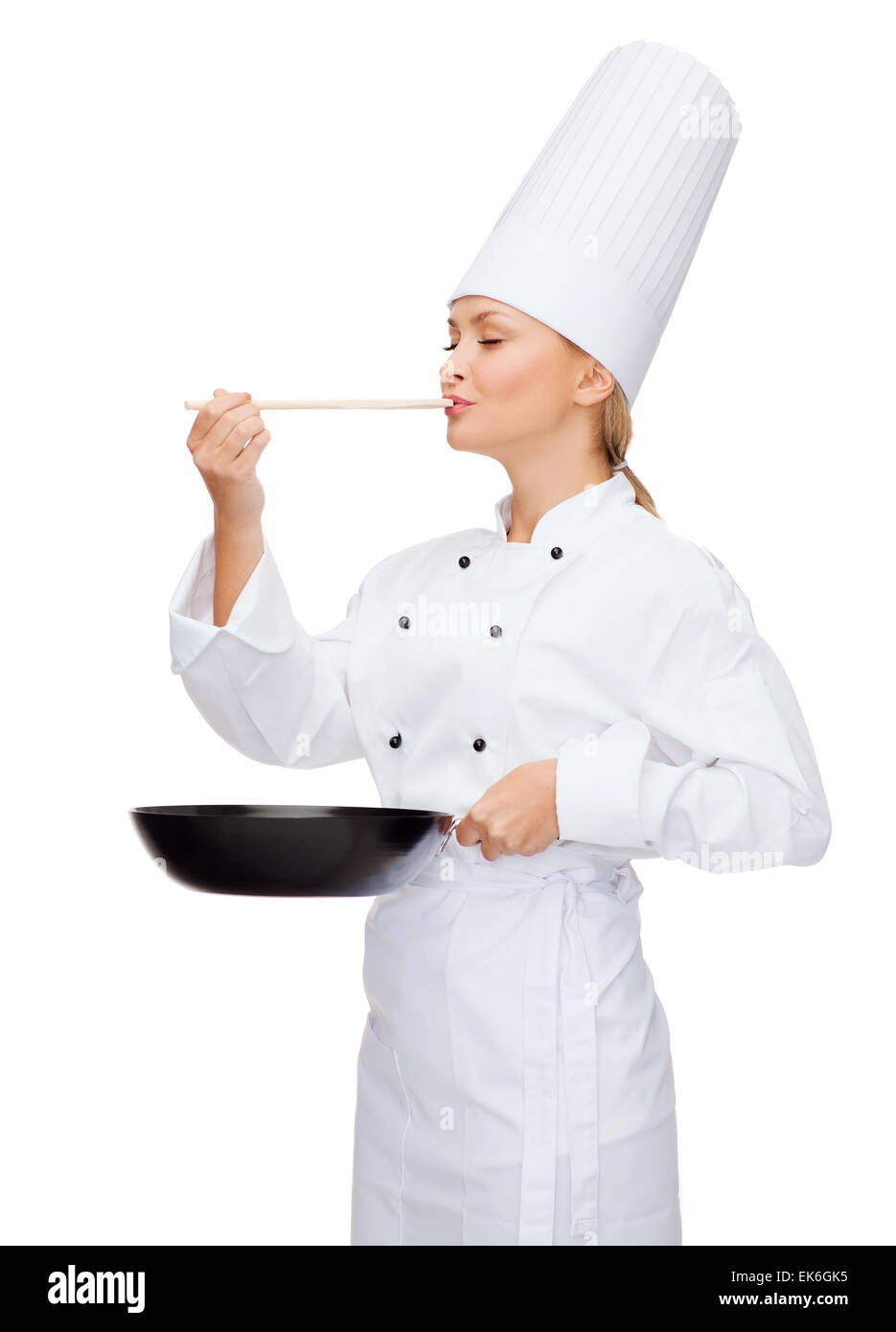 smiling female chef with pan and spoon Stock Photo - Alamy